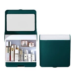 bathroom waterproof organizer and storage with mirror and lid, pink plastic wall mount cabinet vanity makeup cosmetic organization box with doors for rv, space saving small medicine shelf shelves