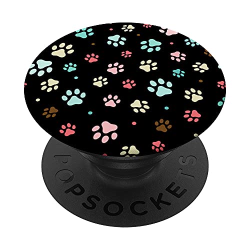 Cute Colorful Paw Print Pattern On Black Background PopSockets Swappable PopGrip