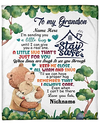 Personalized to My Grandson Baby Bear Blanket Gifts for Grandson from Grandma I Am Sending You A Little Hug Customized Blanket for Birthday Fathers Day Wedding Anniversary