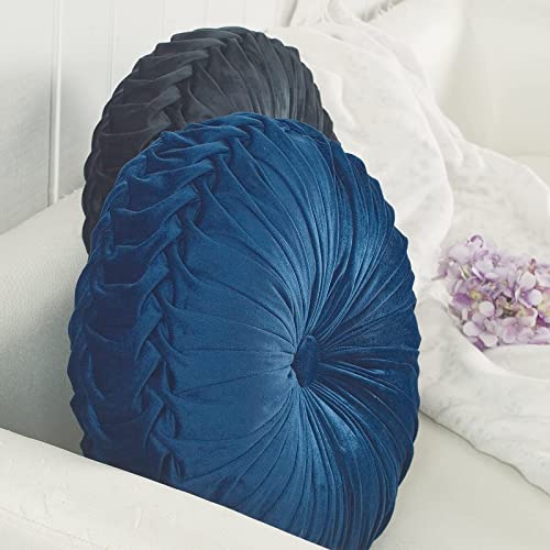 HIRUN ARTWORK Round Velvet Throw Pillow Pleated Round Pillows for Sofa Couch Bed and Car, Blue