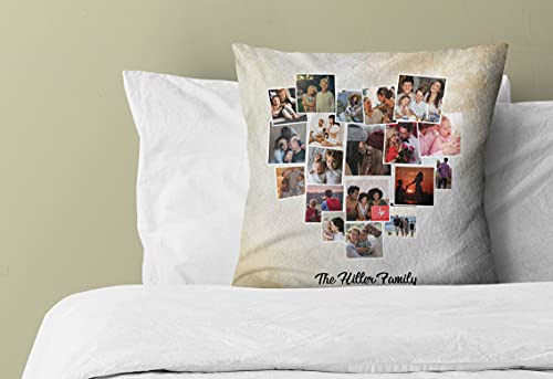 Launchigo Customized Heart Collage Pillow - Photo & Name Pillow. Best Gift for Birthday, Anniversary & Christmas.{Insert+Cover} (Heart Collage 03, 14" X 14")