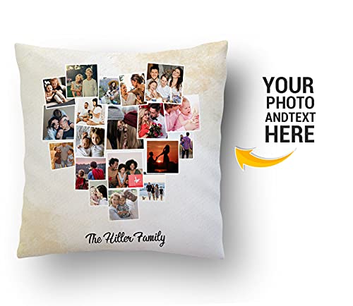 Launchigo Customized Heart Collage Pillow - Photo & Name Pillow. Best Gift for Birthday, Anniversary & Christmas.{Insert+Cover} (Heart Collage 03, 14" X 14")