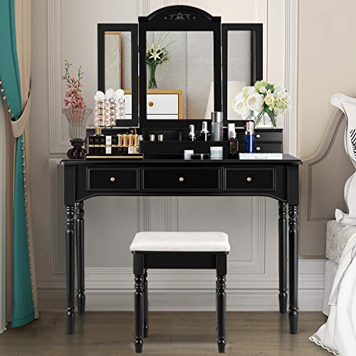 DORTALA Makeup Vanity Table Set w/ 7 Drawers, Removable Tri-Folding Mirror w/ 8 Jewelry Necklace Hooks, Dressing Table w/ Open Storage Box & Cushioned Stool, Solid Wood Legs,Black