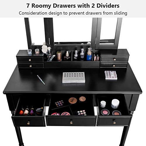 DORTALA Makeup Vanity Table Set w/ 7 Drawers, Removable Tri-Folding Mirror w/ 8 Jewelry Necklace Hooks, Dressing Table w/ Open Storage Box & Cushioned Stool, Solid Wood Legs,Black