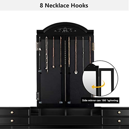 DORTALA Makeup Vanity Table Set w/ 7 Drawers, Removable Tri-Folding Mirror w/ 8 Jewelry Necklace Hooks, Dressing Table w/ Open Storage Box & Cushioned Stool, Solid Wood Legs,Black