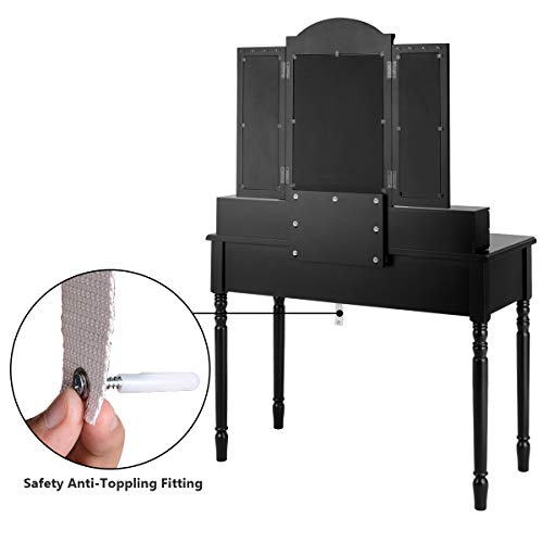 DORTALA Makeup Vanity Table Set w/ 7 Drawers, Removable Tri-Folding Mirror w/ 8 Jewelry Necklace Hooks, Dressing Table w/ Open Storage Box & Cushioned Stool, Solid Wood Legs,Black