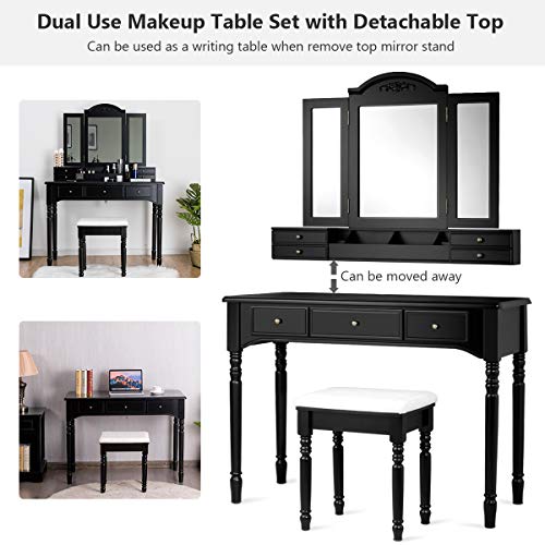 DORTALA Makeup Vanity Table Set w/ 7 Drawers, Removable Tri-Folding Mirror w/ 8 Jewelry Necklace Hooks, Dressing Table w/ Open Storage Box & Cushioned Stool, Solid Wood Legs,Black