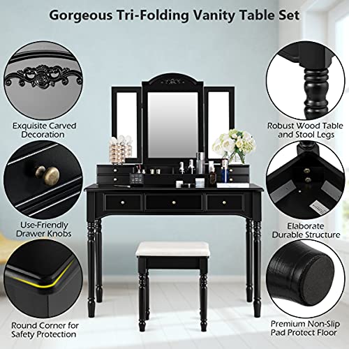 DORTALA Makeup Vanity Table Set w/ 7 Drawers, Removable Tri-Folding Mirror w/ 8 Jewelry Necklace Hooks, Dressing Table w/ Open Storage Box & Cushioned Stool, Solid Wood Legs,Black