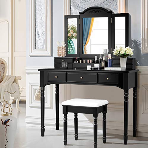 DORTALA Makeup Vanity Table Set w/ 7 Drawers, Removable Tri-Folding Mirror w/ 8 Jewelry Necklace Hooks, Dressing Table w/ Open Storage Box & Cushioned Stool, Solid Wood Legs,Black