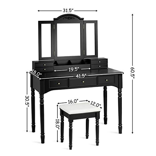 DORTALA Makeup Vanity Table Set w/ 7 Drawers, Removable Tri-Folding Mirror w/ 8 Jewelry Necklace Hooks, Dressing Table w/ Open Storage Box & Cushioned Stool, Solid Wood Legs,Black