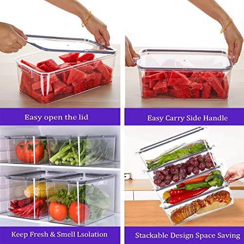 Refrigerator Bins with Lids,LIHABILAL Stackable Clear Refrigerator Organizer Bins,Airtight Large Plastic BPA Free Food Storage Containers with Handles,for Fridge, Freezer, Kitchen