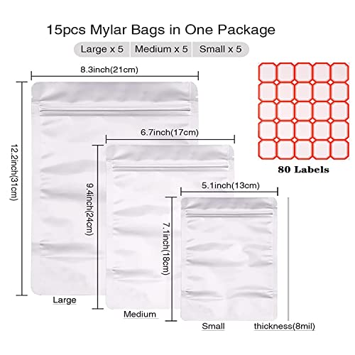 3 Sizes Mylar Bags for Food Storage, Reusable Moisture-Proof Aluminum Bags for Packing, Ziplock-Open Mylar Foil Bags Airtight Vacuum Dry-Packs Foods Packing for Food Sample Tea Coffee Seeds Packing Storage(15 PCS)