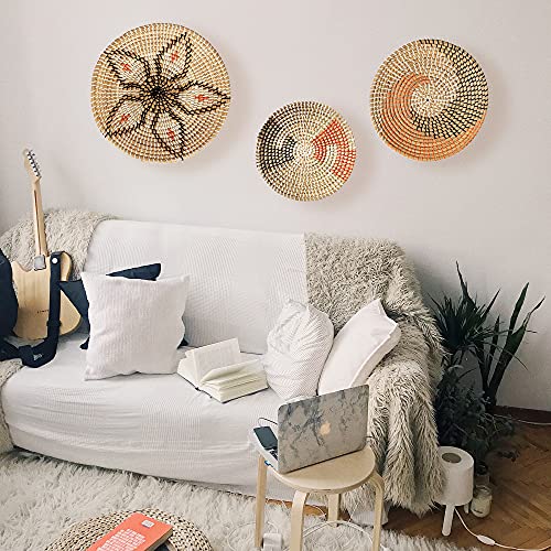 Rattan Wall Baskets Woven Basket Wall Decor - Wall Wicker Basket Decor Boho Basket Bowls Wall Decor - Round Seagrass Baskets Farmhouse Home Decor(Set of 3)