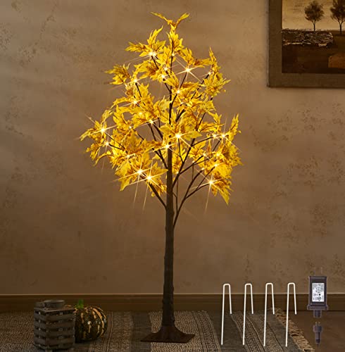 LITBLOOM Fall Tree with Lights 4FT 48 Warm White LEDs, Lighted Maple Tree Plug in for Autumn Thanksgiving Harvest Fall Decoration Indoor Outdoor