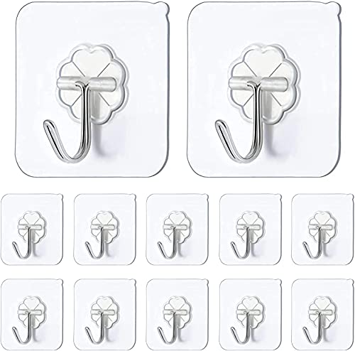 Adhesive Hooks, Heavy Duty Wall Hooks- 44 lb/ 20 kg(Max), Wall Hangers, Transparent Reusable Sticky Hooks, Utility Hooks for Bathroom, Kitchen, Door, Office, Window, Nail Free, Waterproof, Oil-Proof