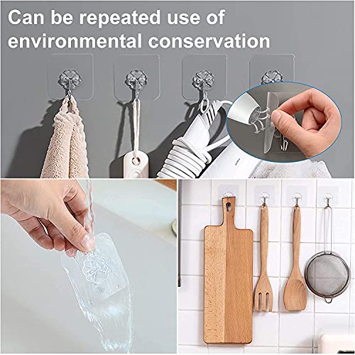 Adhesive Hooks, Heavy Duty Wall Hooks- 44 lb/ 20 kg(Max), Wall Hangers, Transparent Reusable Sticky Hooks, Utility Hooks for Bathroom, Kitchen, Door, Office, Window, Nail Free, Waterproof, Oil-Proof