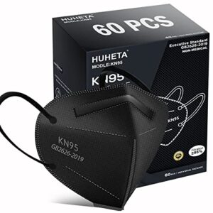 huheta kn95 face mask 60 pcs, 5-ply safety masks for men & women, filter efficiency>=95% (black mask)