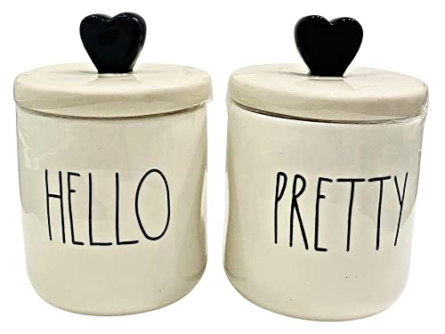 Rae Dunn Magenta Rae Dunn by Magenta HELLO PRETTY Ceramic Bathroom Vanity 2 Piece Mini Canisters with Black Heart Topper