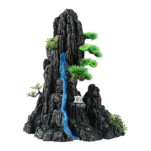 Mairuker Large Fish Tank Decorations Mountain View Stone Ornament,Fish Cave Rock with Plastic Plants Decor for Betta Fish Tank Accessories