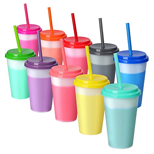 Plastic Kids Cups with Lids and Straws - 10 Pack 12 oz Reusable Tumbler with Straw | Color Changing Cup with Lid Adults Bulk Travel Tumblers Drinking Cups for Cold Coffee