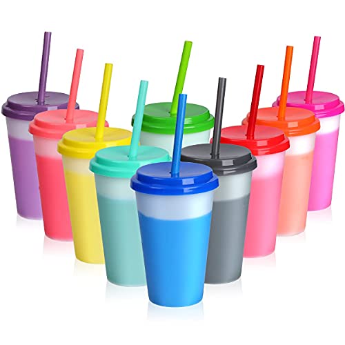 Plastic Kids Cups with Lids and Straws - 10 Pack 12 oz Reusable Tumbler with Straw | Color Changing Cup with Lid Adults Bulk Travel Tumblers Drinking Cups for Cold Coffee