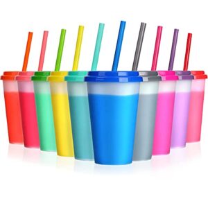 Plastic Kids Cups with Lids and Straws - 10 Pack 12 oz Reusable Tumbler with Straw | Color Changing Cup with Lid Adults Bulk Travel Tumblers Drinking Cups for Cold Coffee