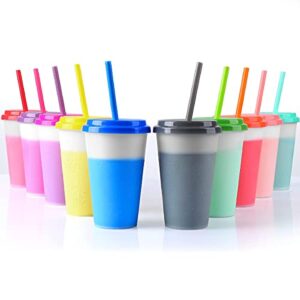 Plastic Kids Cups with Lids and Straws - 10 Pack 12 oz Reusable Tumbler with Straw | Color Changing Cup with Lid Adults Bulk Travel Tumblers Drinking Cups for Cold Coffee