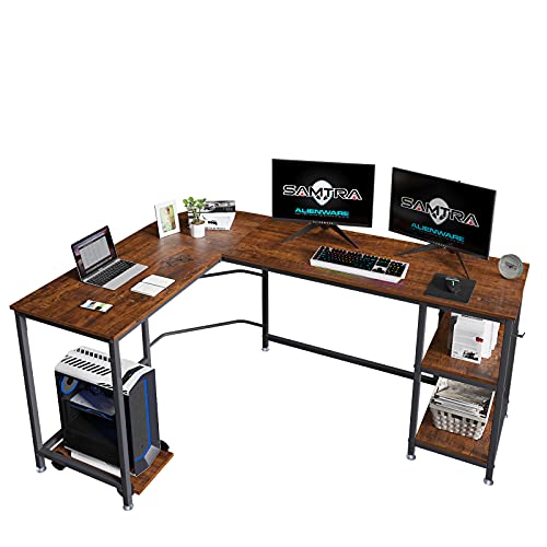 SAMTRA L Shaped Desk with Shelves Storage Computer Study Writing Workstation Table for Home Office, Espresso