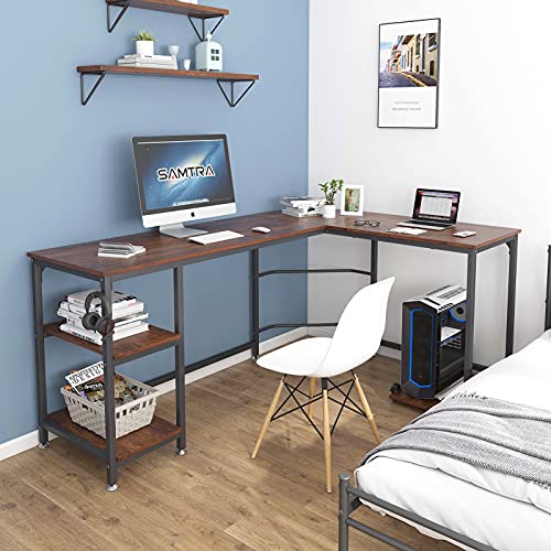 SAMTRA L Shaped Desk with Shelves Storage Computer Study Writing Workstation Table for Home Office, Espresso