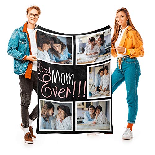 inkArts Best Mom Ever Custom Blanket with 5 Photos Personalized Picture Blanket Customized Gifts for Mom Grandma for Birthday Mother's Day Christmas, 15 Colors Available, 32"x48"