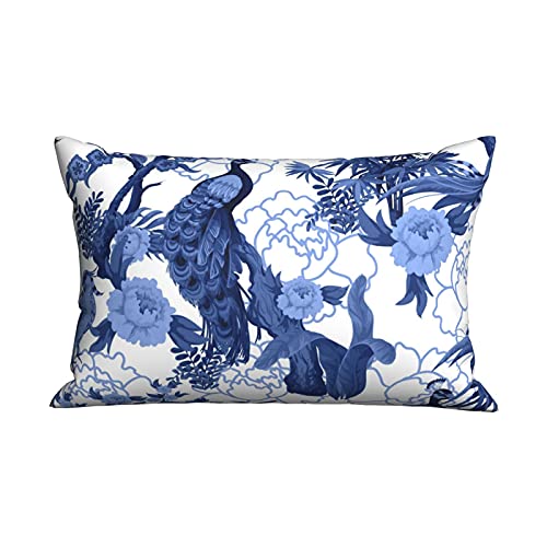 Wozukia Birds and Peonies in Blue Color Throw Pillow Cover Abstract Pattern in Chinoiserie Style with Peacock Lumbar Pillow Case Cushion for Sofa Couch Bed Standard Queen Size 20x30 Inch