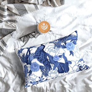 Wozukia Birds and Peonies in Blue Color Throw Pillow Cover Abstract Pattern in Chinoiserie Style with Peacock Lumbar Pillow Case Cushion for Sofa Couch Bed Standard Queen Size 20x30 Inch