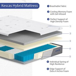 Kescas 10 Inch Spring Hybrid Queen Mattress -Bamboo Charcoal Cooling Gel Memory Foam, Moisture Wicking Cover, Edge Support - Pocket Innersprings for Motion Isolation - Made in North America