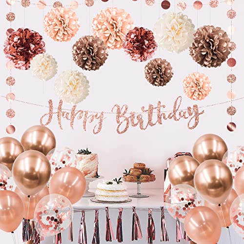 Rose Gold Party Decorations Set 30 Piece Party Supplies with Balloons, Paper Pom Poms, Paper Garland for Wedding, Bridal, and Baby Shower, Birthday Party