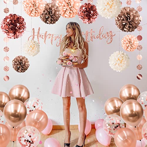 Rose Gold Party Decorations Set 30 Piece Party Supplies with Balloons, Paper Pom Poms, Paper Garland for Wedding, Bridal, and Baby Shower, Birthday Party