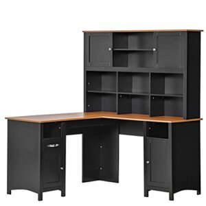 homcom l-shaped computer desk with storage shelves, home office desk with drawers and cabinets, black