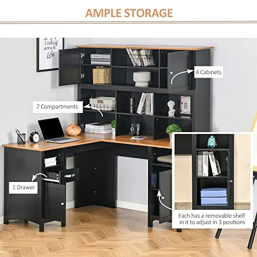 HOMCOM L-Shaped Computer Desk with Storage Shelves, Home Office Desk with Drawers and Cabinets, Black