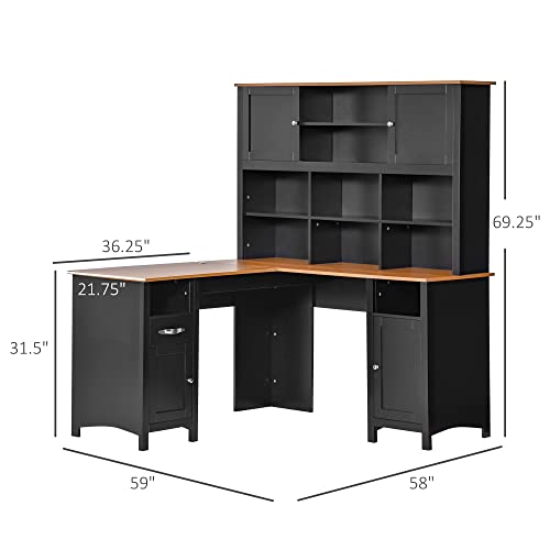 HOMCOM L-Shaped Computer Desk with Storage Shelves, Home Office Desk with Drawers and Cabinets, Black