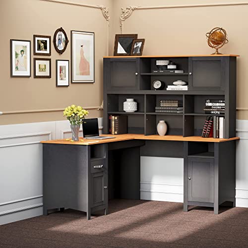 HOMCOM L-Shaped Computer Desk with Storage Shelves, Home Office Desk with Drawers and Cabinets, Black