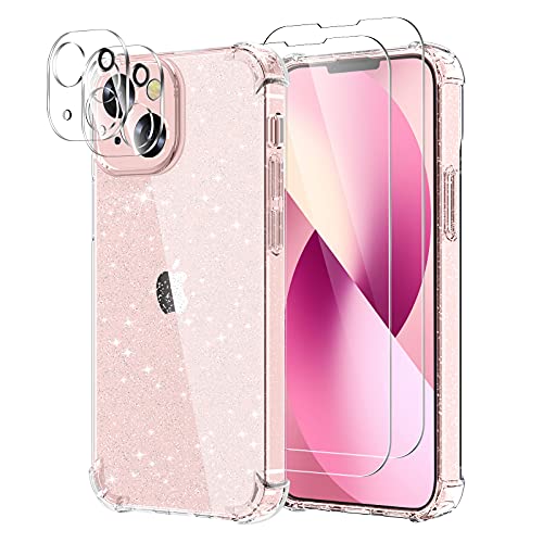 KSWOUS Sparkly Glitter Clear Case for iPhone 13 Mini 5.4 Inch with Screen Protector[2 Pack] + Camera Lens Protector[2 Pack], Soft Protective Case for Women Girls Cute Shockproof Cover(Glitter)