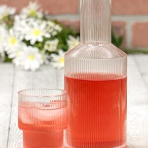 Red Co. Textured Round Clear Glass Bedside Water Serving Carafe with Tumbler – 2-Piece Beverage Set