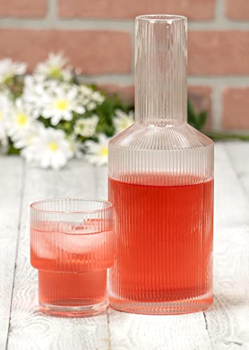 Red Co. Textured Round Clear Glass Bedside Water Serving Carafe with Tumbler – 2-Piece Beverage Set