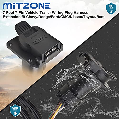 MITZONE 7-Foot 7-Pin Vehicle-Trailer Wiring Plug Harness Extension Compatible with Chevy/Dodge/Ford/GMC/Nissan/Toyota/Ram for Fifth-Wheel and gooseneck Trailers [Truck Bed Extension]