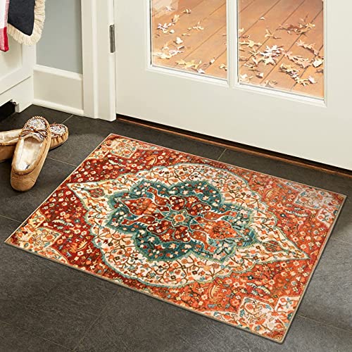 Chaelilife Oriental Floral Medallion Doormat - 2'x3' ft Persian Cream Floral Entry Rug Boho Collection Faux Wool Doormat Non-Slip Washable Carpet for Indoor Front Entrance Kitchen Bathroom Living Room