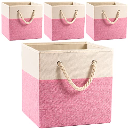 PRANDOM Large Foldable Cube Storage Bins 11x11 inch [4-Pack] Fabric Linen Storage Baskets Cubes Drawer with Cotton Handles Organizer for Shelves Toy Nursery Closet Bedroom Pink