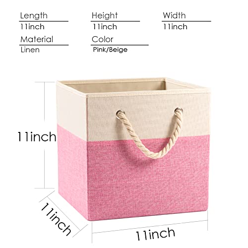 PRANDOM Large Foldable Cube Storage Bins 11x11 inch [4-Pack] Fabric Linen Storage Baskets Cubes Drawer with Cotton Handles Organizer for Shelves Toy Nursery Closet Bedroom Pink