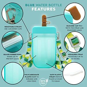 Popsicle Water Bottle with Strap, Dish Washer Safe Clear Juice Drinking Cup, BPA Free Frosted Plastic, Leakproof Creative Design, Suitable for Adults and Kids, 300ML (Blue), QB/T4049-2010