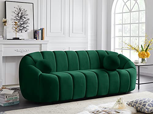 Meridian Furniture Elijah Collection Velvet Upholstered Sofa with Deep Channel Tufting, Green