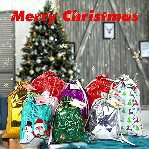 Christmas bag Christmas Drawstring Gift Bags,Christmas candy bag, party gift wrap,Children's gift bags,22pcs Assorted Christmas Gift Wrapping Bags Upgraded Christmas Goodie Bags for Christmas Party in 4 Sizes and 8 Designs with Inserted Drawstring Ribbons