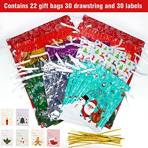 Christmas bag Christmas Drawstring Gift Bags,Christmas candy bag, party gift wrap,Children's gift bags,22pcs Assorted Christmas Gift Wrapping Bags Upgraded Christmas Goodie Bags for Christmas Party in 4 Sizes and 8 Designs with Inserted Drawstring Ribbons